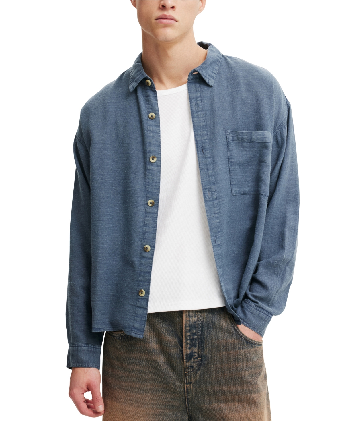 Click here for Cotton On Mens Washed Long-Sleeve Shirt - Navy prices