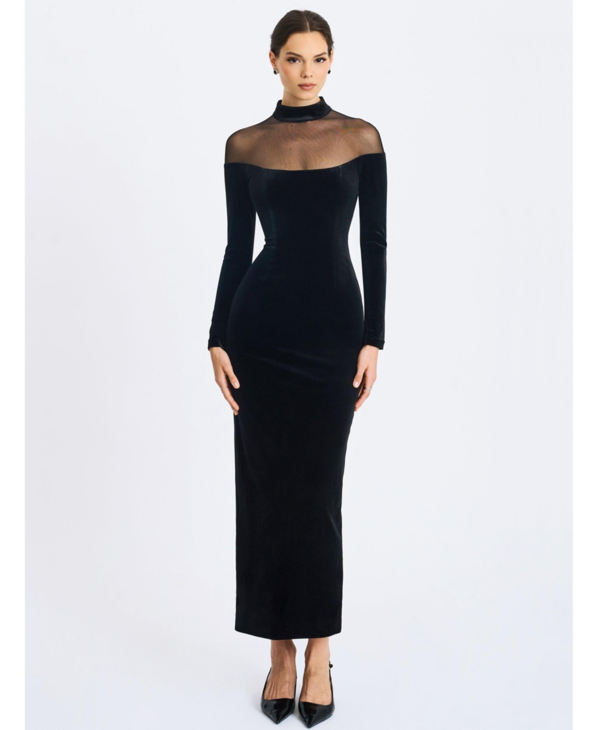 Click here for Miss Circle Womens Blair Black Sheer Mock Neck Max... prices