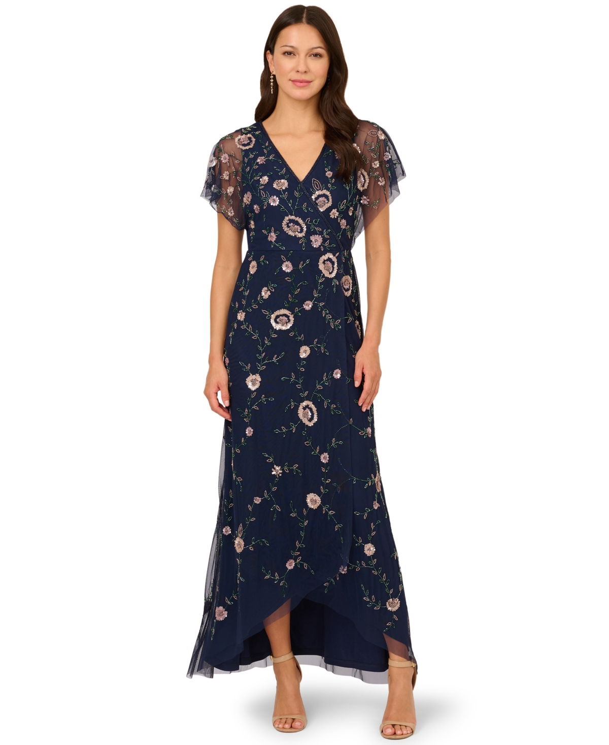 Click here for Adrianna Papell Womens Bead Flutter-Sleeve Midi Me... prices