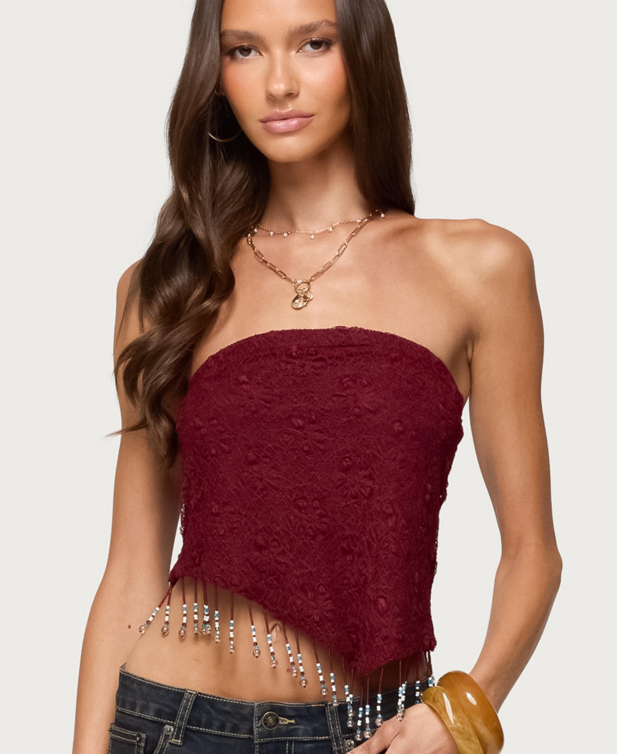 Click here for Edikted Womens Textured Asymmetric Bead Fringe Str... prices