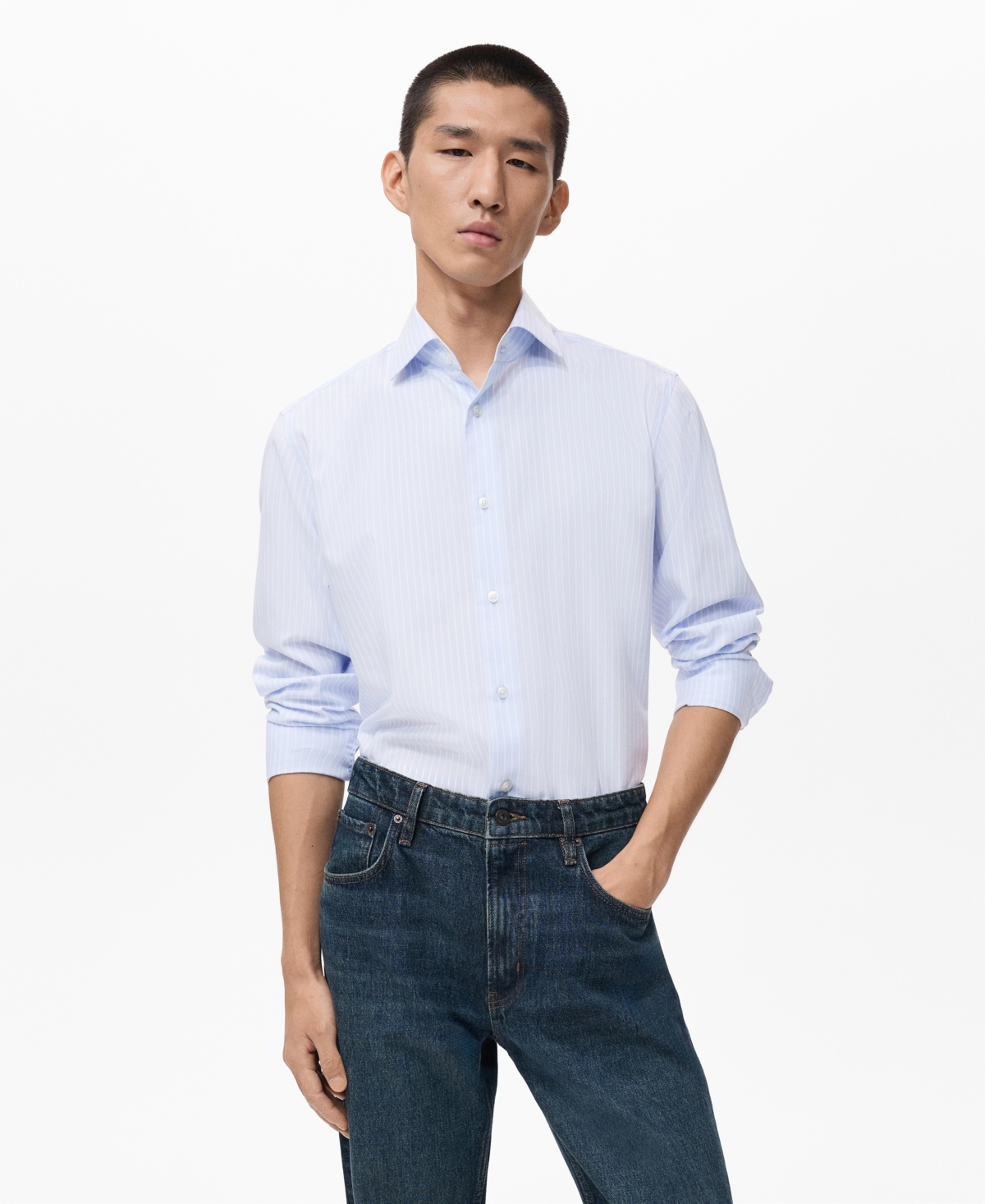 Click here for Mango Mens Cotton Striped Slim-Fit Shirt - Sky Blu... prices