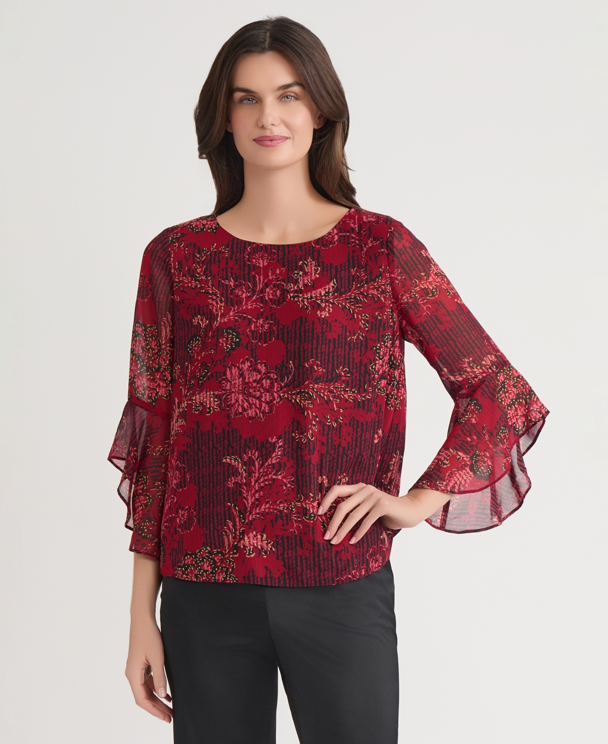 Click here for Kasper Petite Floral Print Ruffle Sleeve Top - Bla... prices