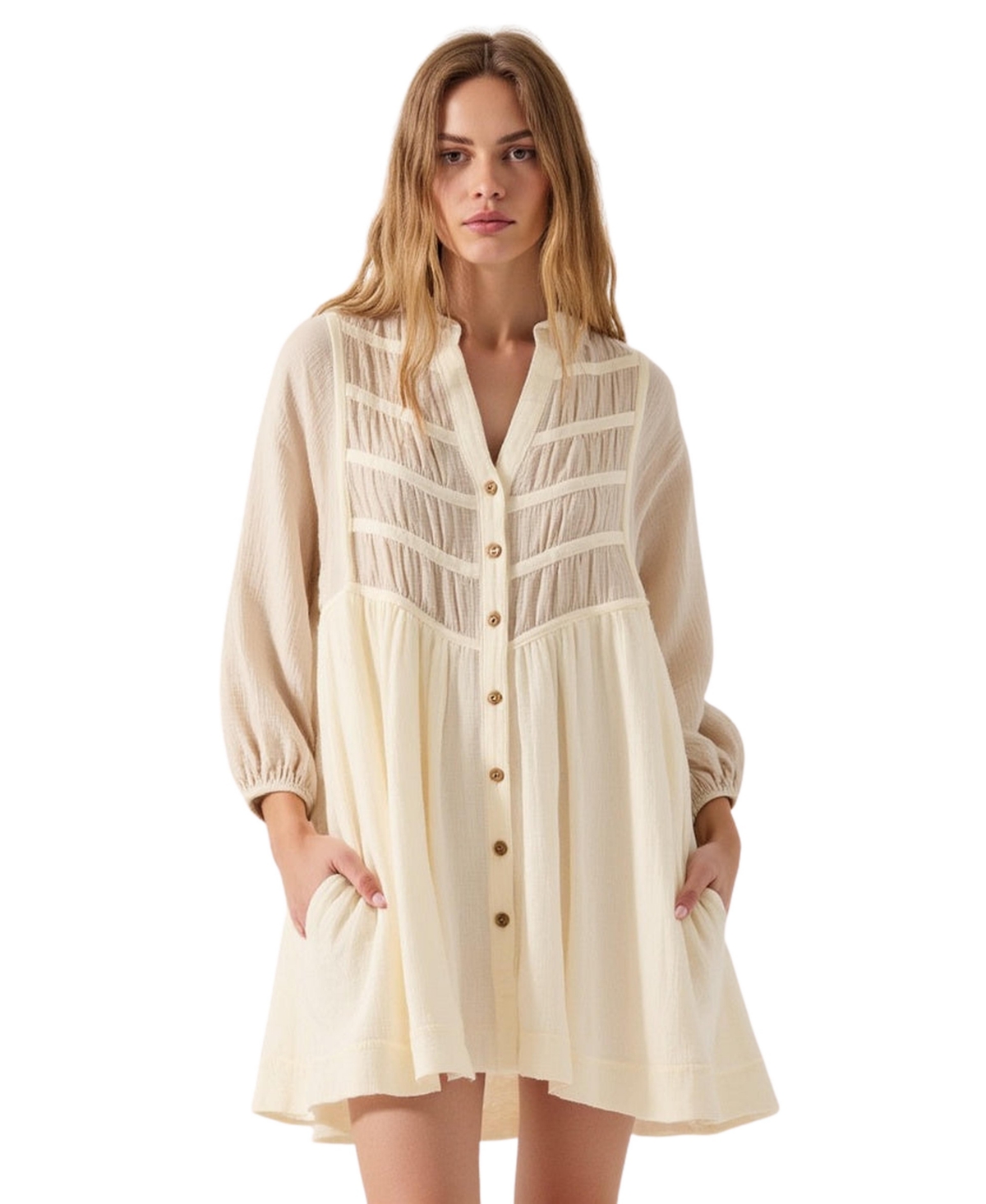 Click here for Modenaire Womens Textured Sheer Panel Pintuck Shir... prices