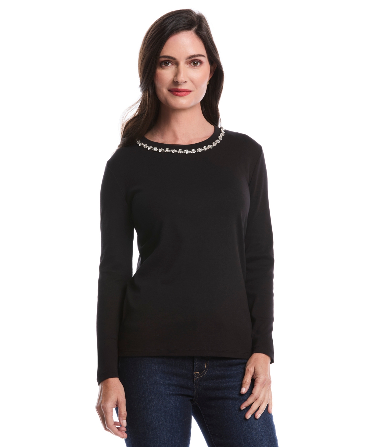 Click here for Rafaella Petite Embellished Neck Long Sleeve Top -... prices