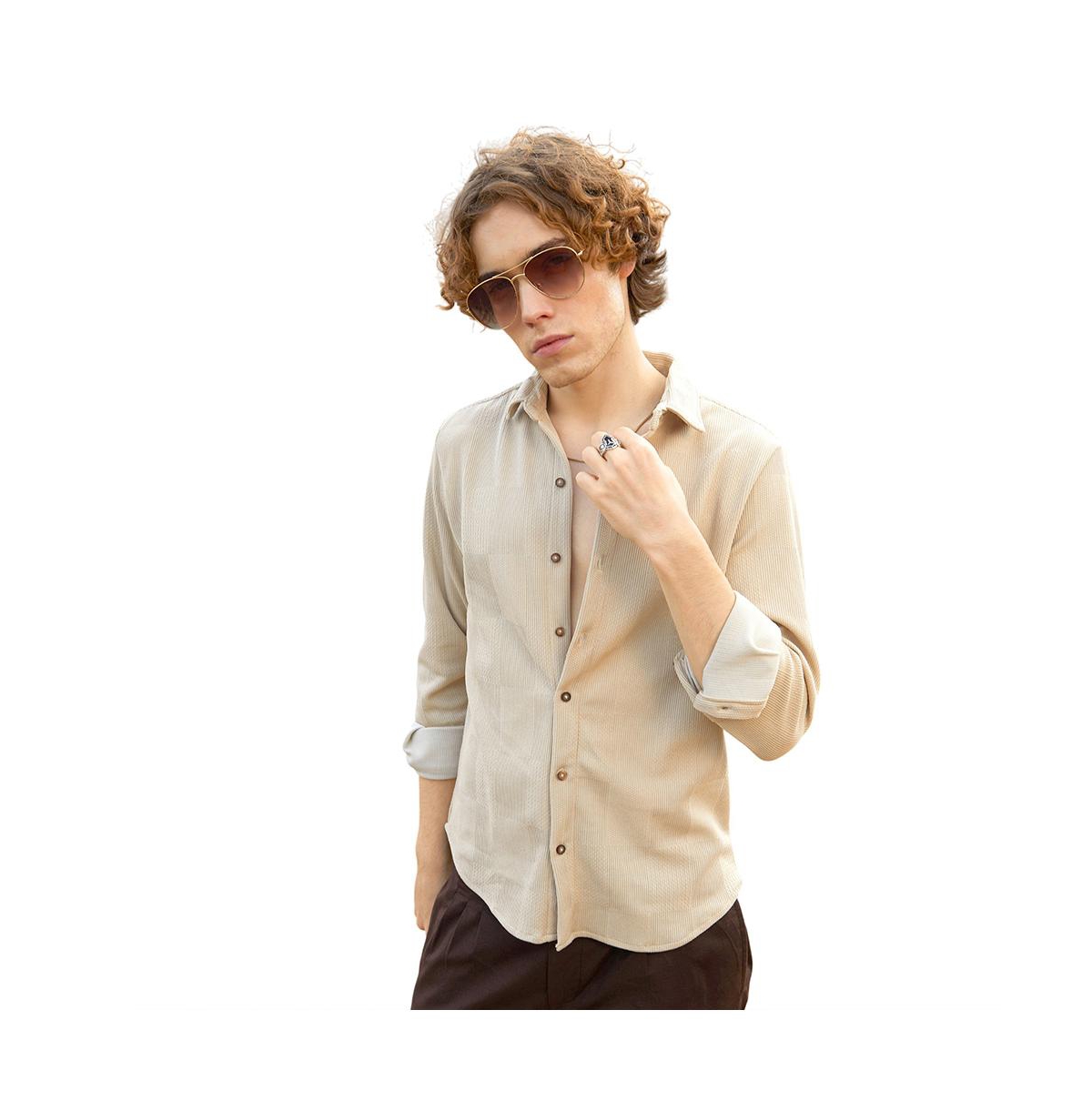 Click here for Campus Sutra Mens Saltbox Beige Solid Knit Shirt -... prices