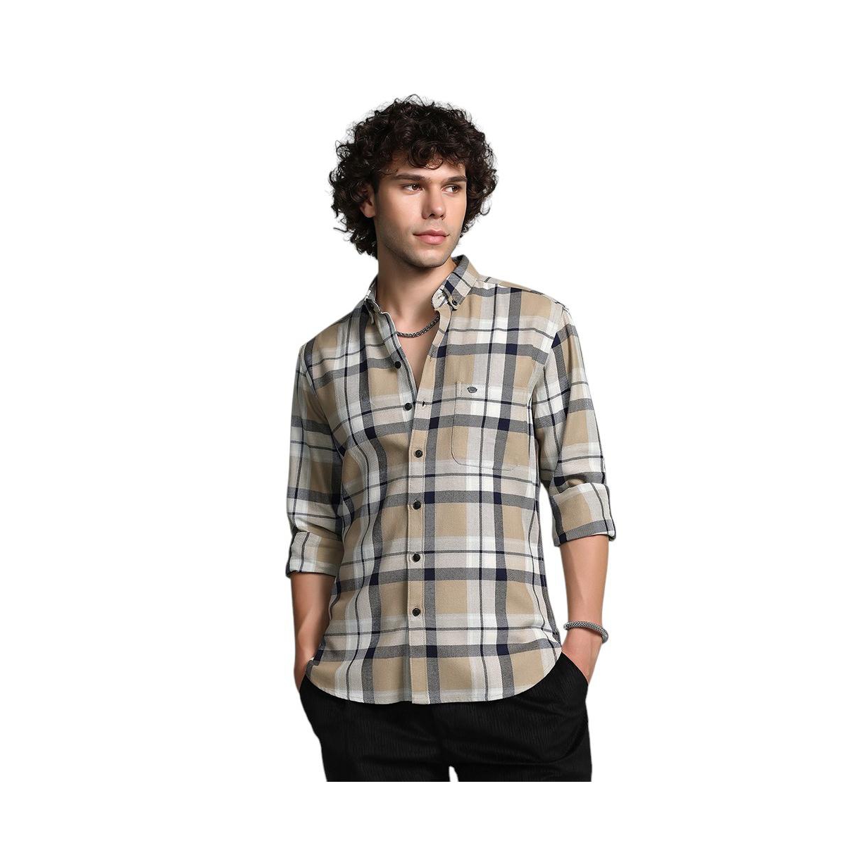 Click here for Campus Sutra Mens Sand Beige Shadow-Checkered Shir... prices