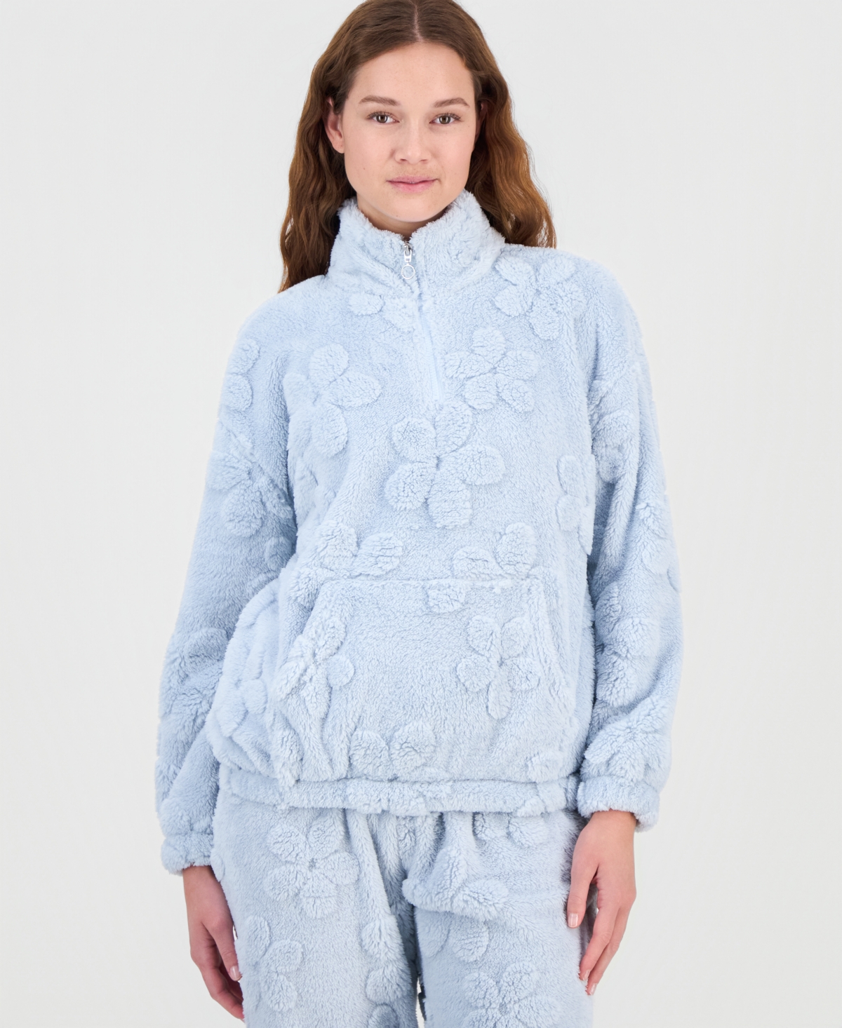 Rebellious One Juniors Embossed Sherpa Quarter-Zip Sweatshirt - Baby Blue Daisy