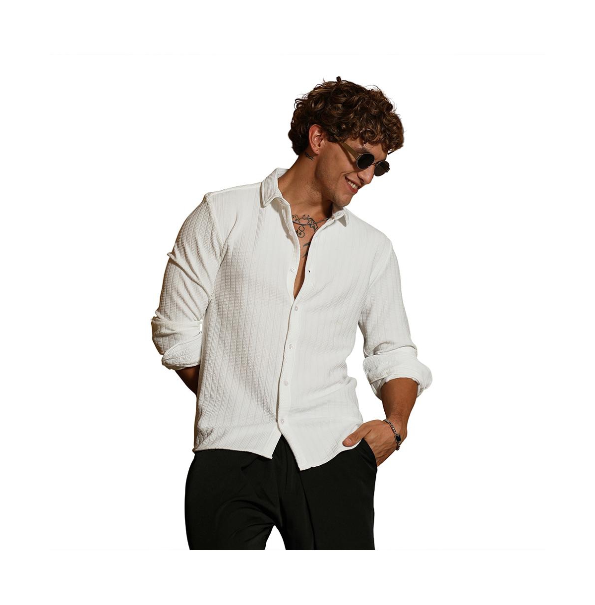 Click here for Campus Sutra Mens Chalk White Chevron-Panel Tactil... prices