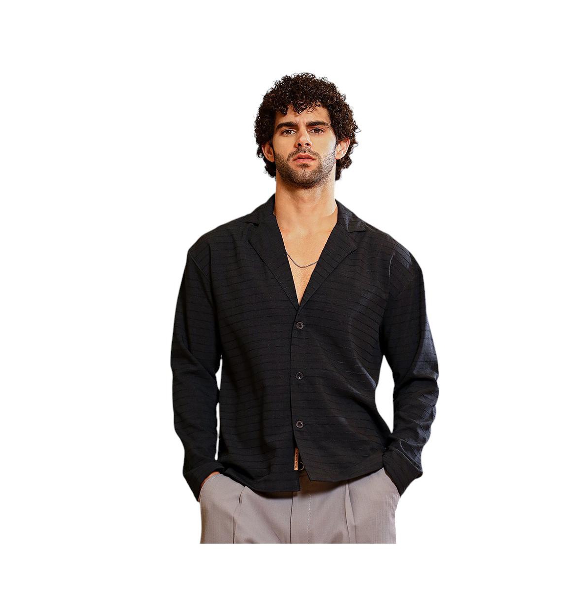 Click here for Campus Sutra Mens Onyx Black Striped Cuban Shirt -... prices
