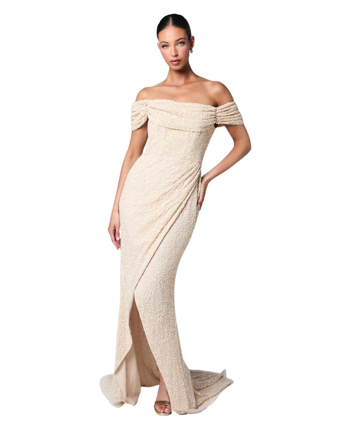 Click here for Coast Sequin Bardot Maxi Bridesmaid Dress - Champa... prices
