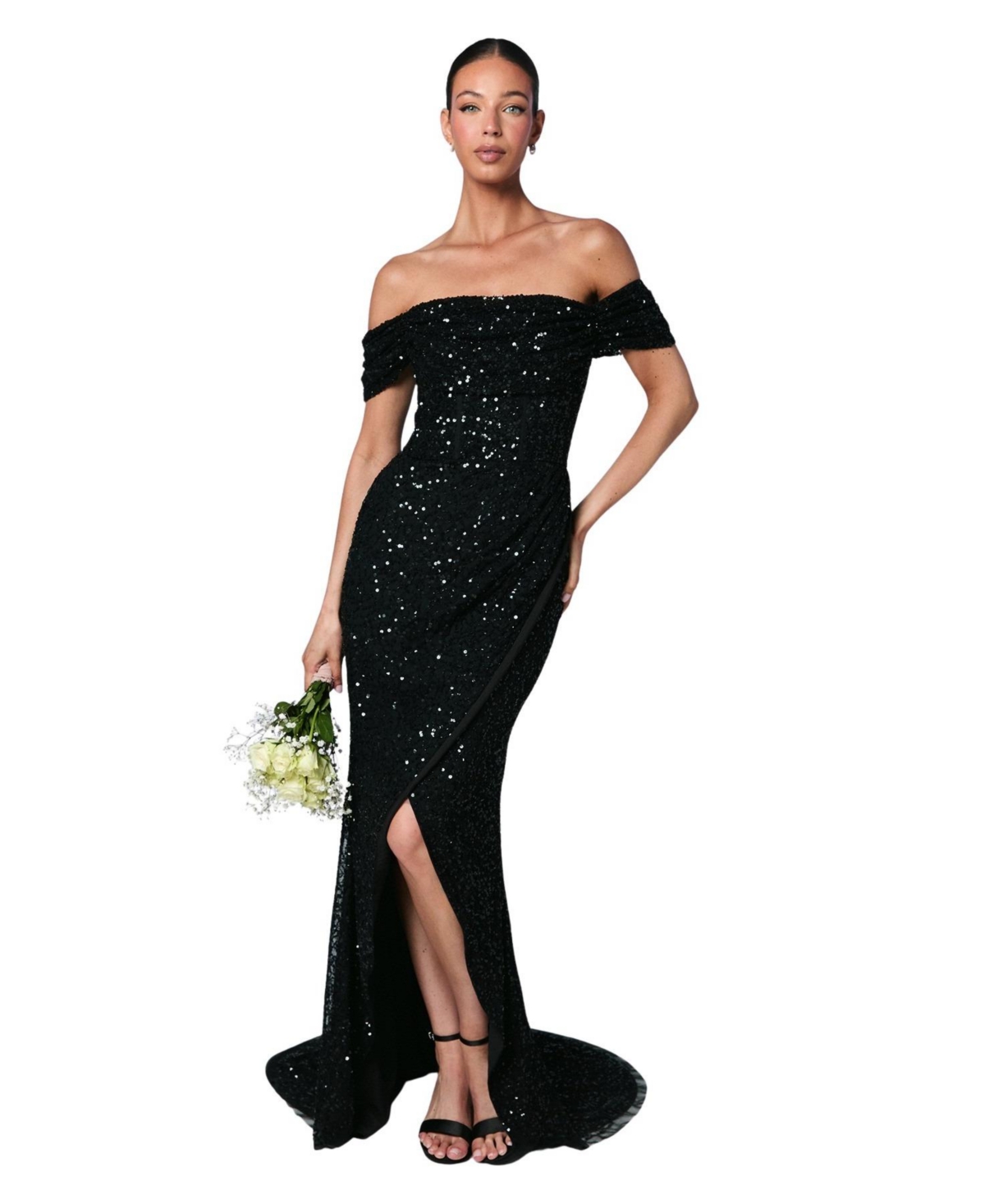 Click here for Coast Sequin Bardot Maxi Bridesmaid Dress - Black prices