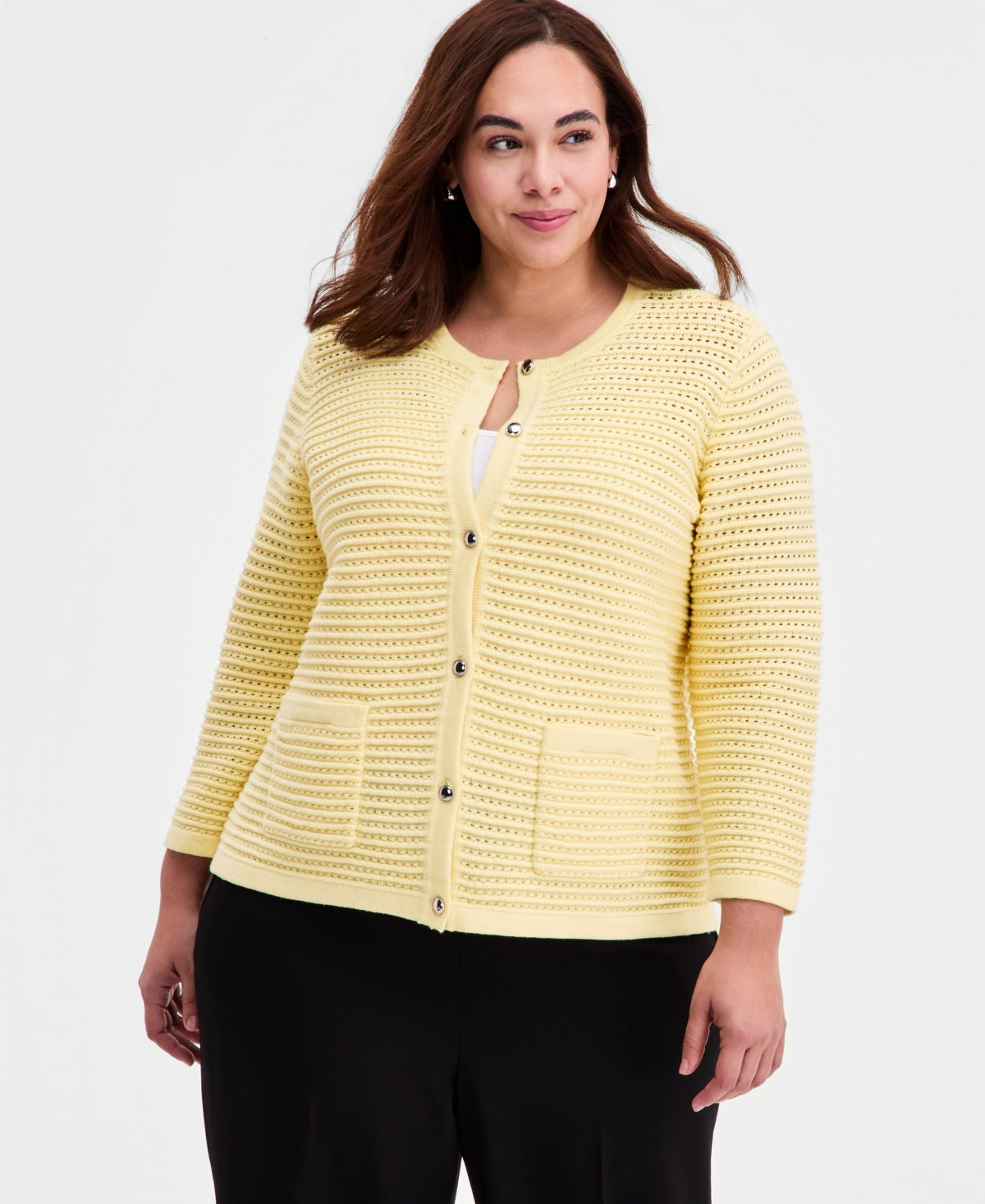 Click here for Kasper Plus Size Textured-Stitch Cardigan - Pale Y... prices