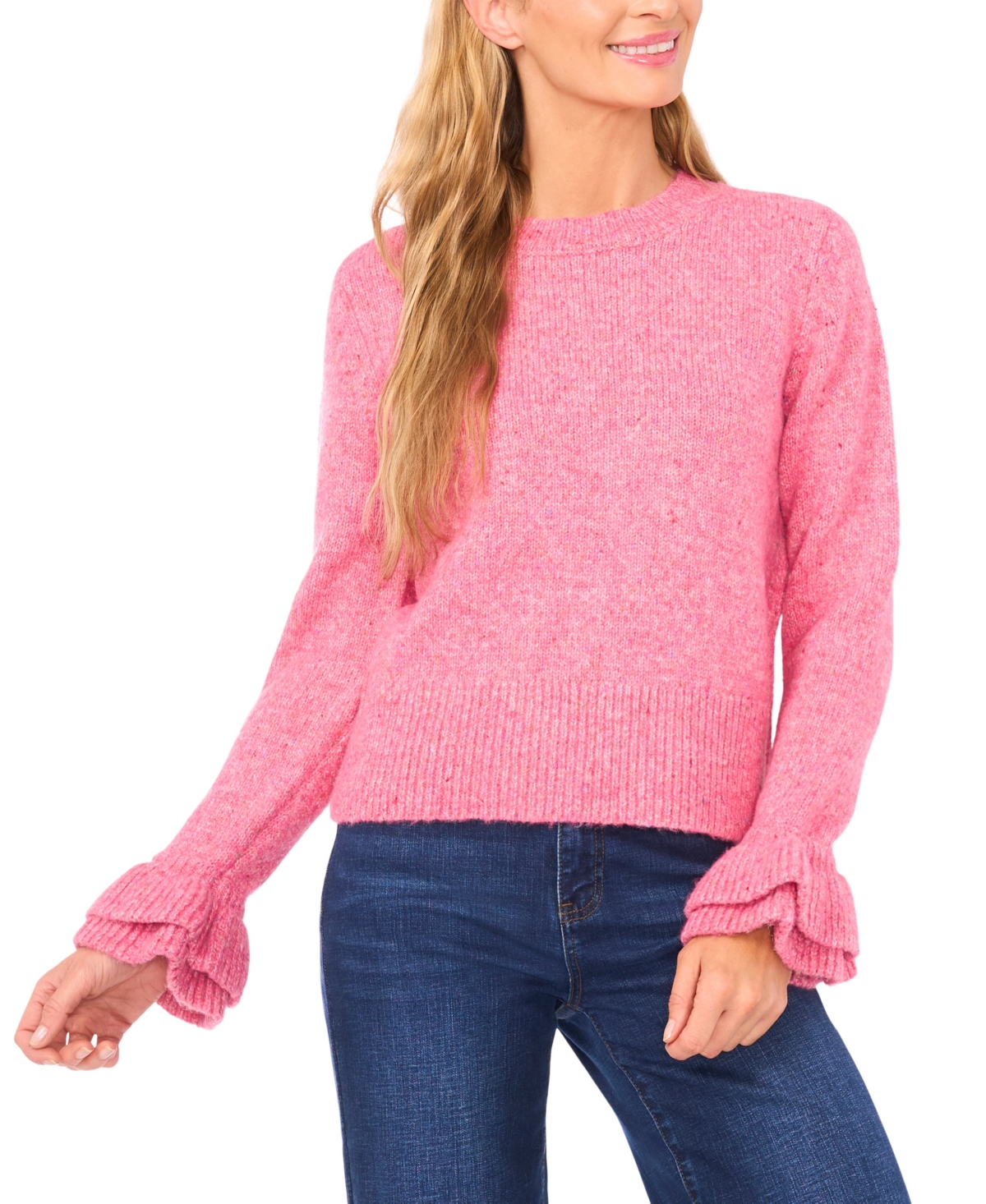 Click here for CeCe Womens Crewneck Ruffle Cuff Sweater - Pink/Ra... prices