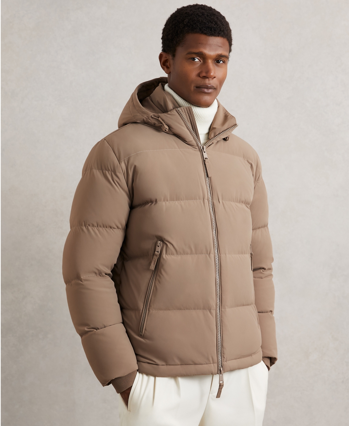 Reiss Mens Quilted Zip-Through Puffer Jacket - Light Camel Brown