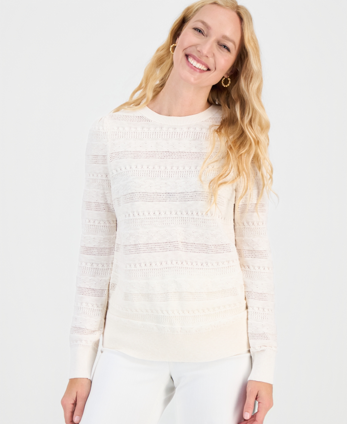 Style & Co Womens Pointelle Crewneck Sweater  Macys Exclusive - Eggnog