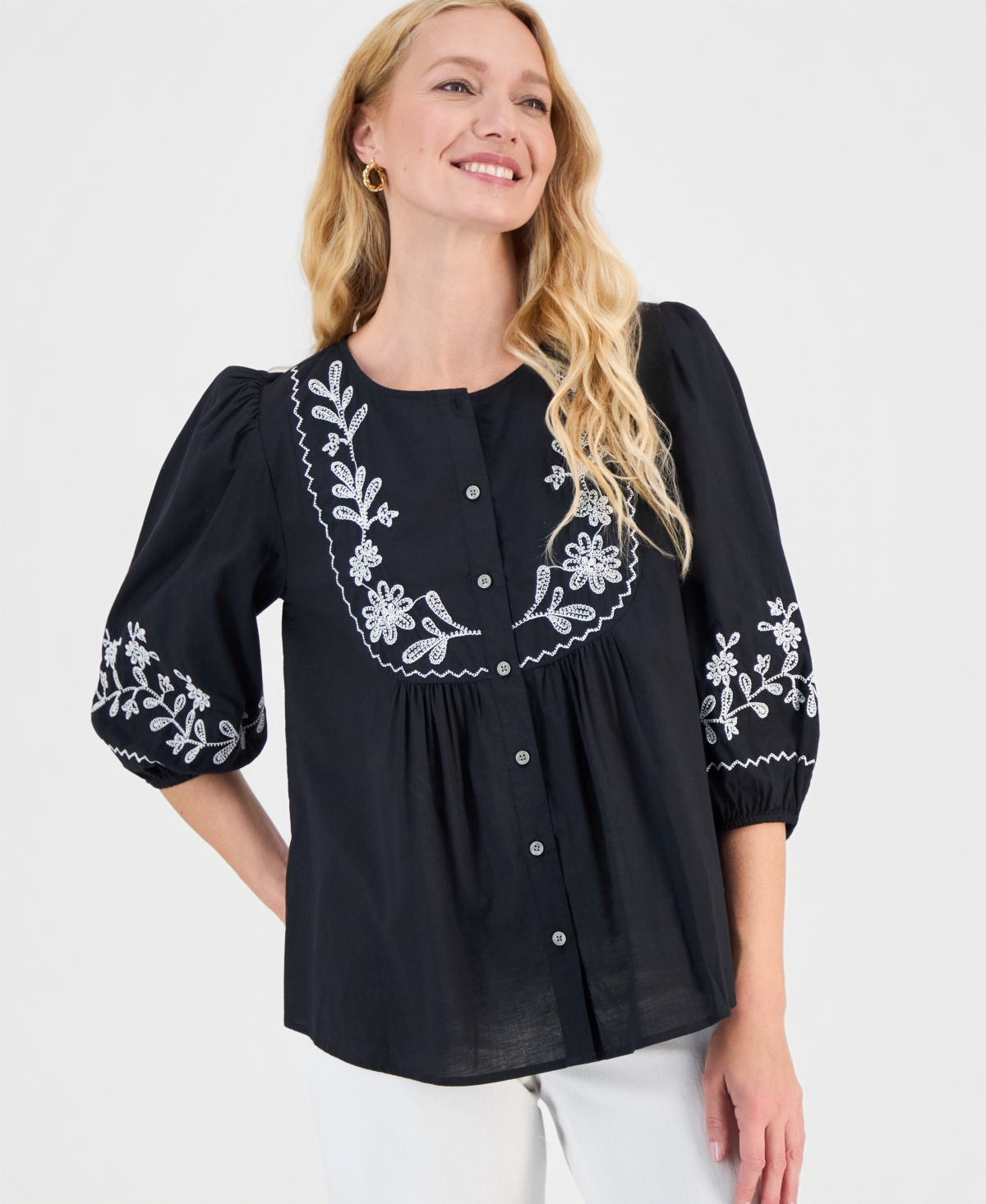 Click here for Style & Co Womens Cotton Embroidered Button Blouse... prices
