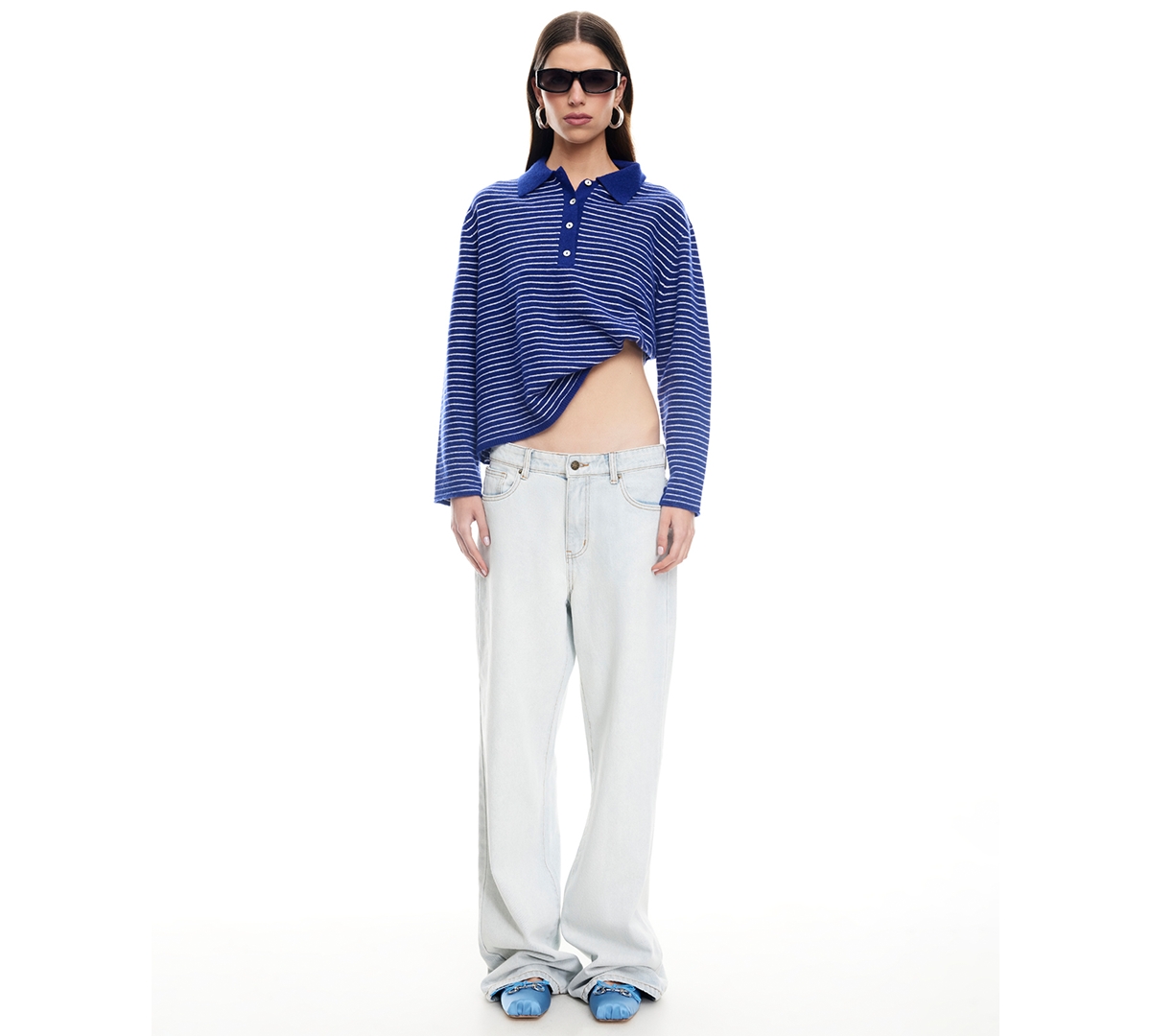 Lioness Womens Mayfair Long-Sleeve Spread Collar Top - Blue Stripe