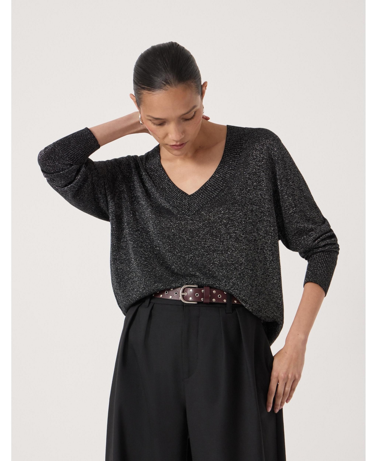 Click here for Hush Womens Gracey V Neck Metallic Jumper - Silver... prices