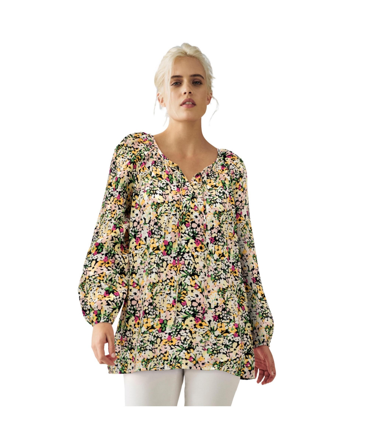 Click here for ellos Womens Tie Neck Peasant Tunic - Butter multi... prices