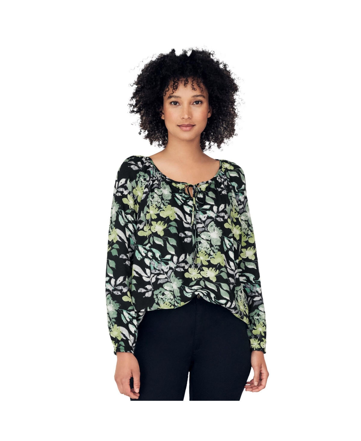 Click here for ellos Womens Tie Neck Peasant Tunic - Black multi... prices