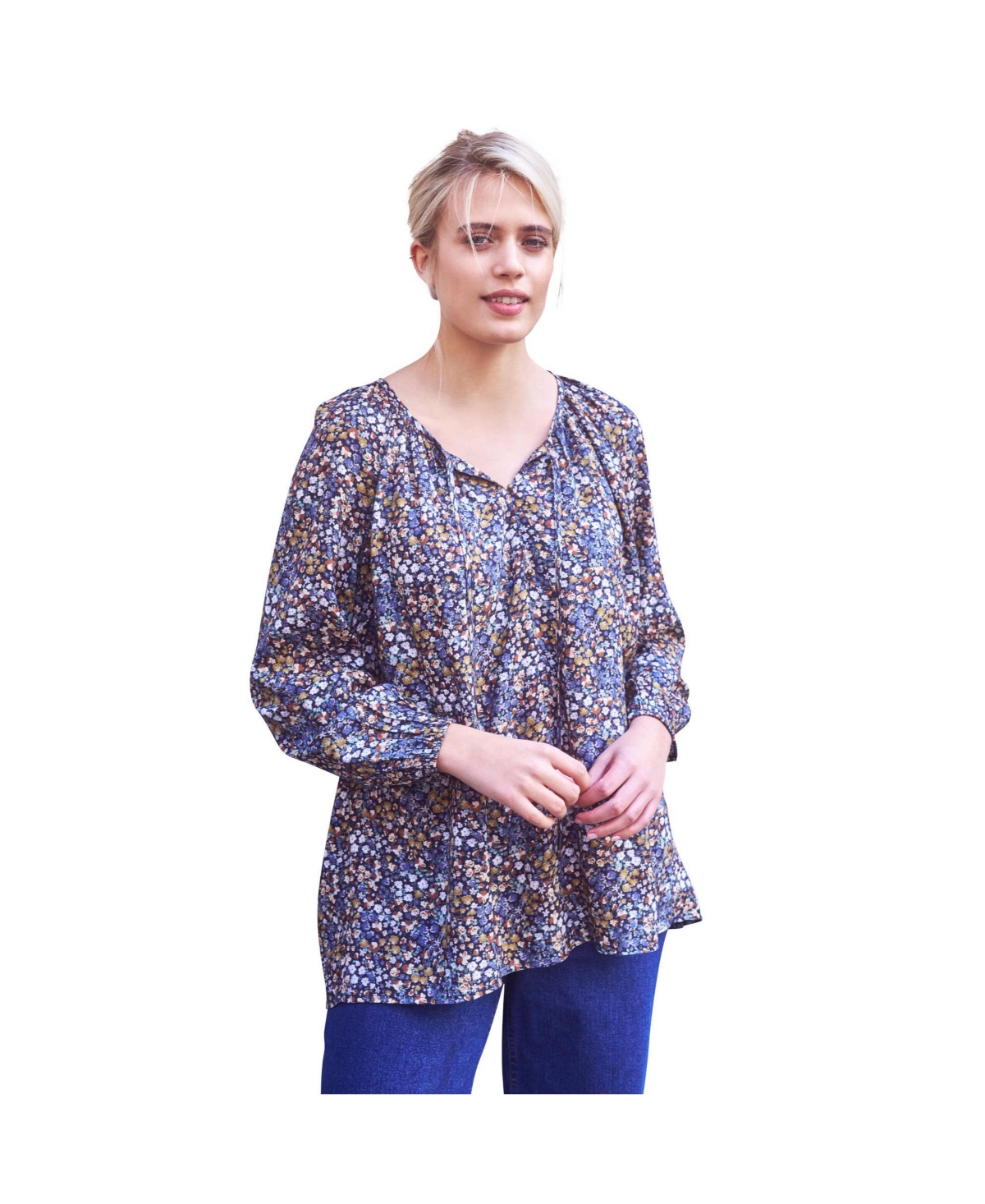 Click here for ellos Womens Tie Neck Peasant Tunic - Black multi... prices