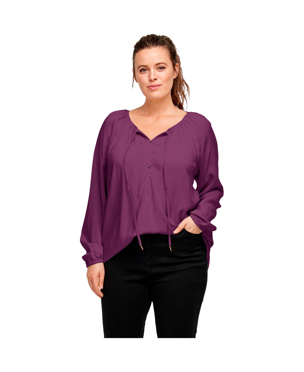 Click here for ellos Womens Tie Neck Peasant Tunic - Wild plum prices