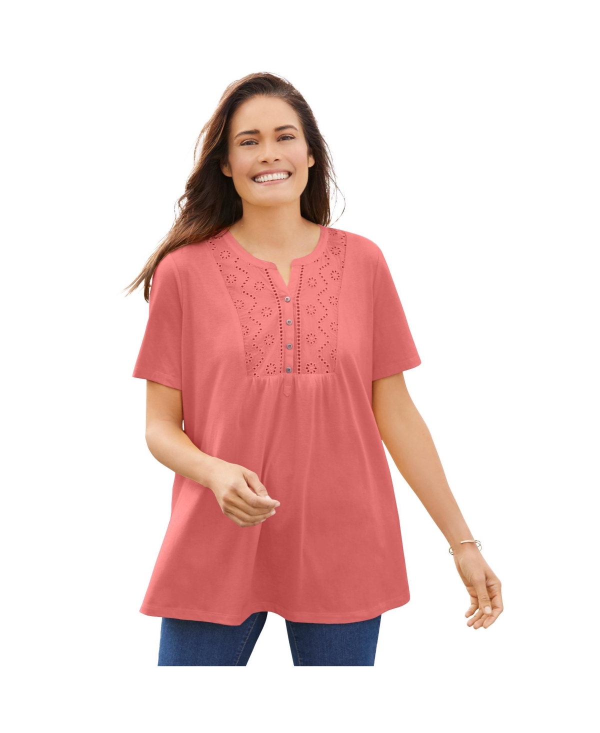Click here for Woman Within Plus Size Eyelet Henley Tee - Sweet c... prices