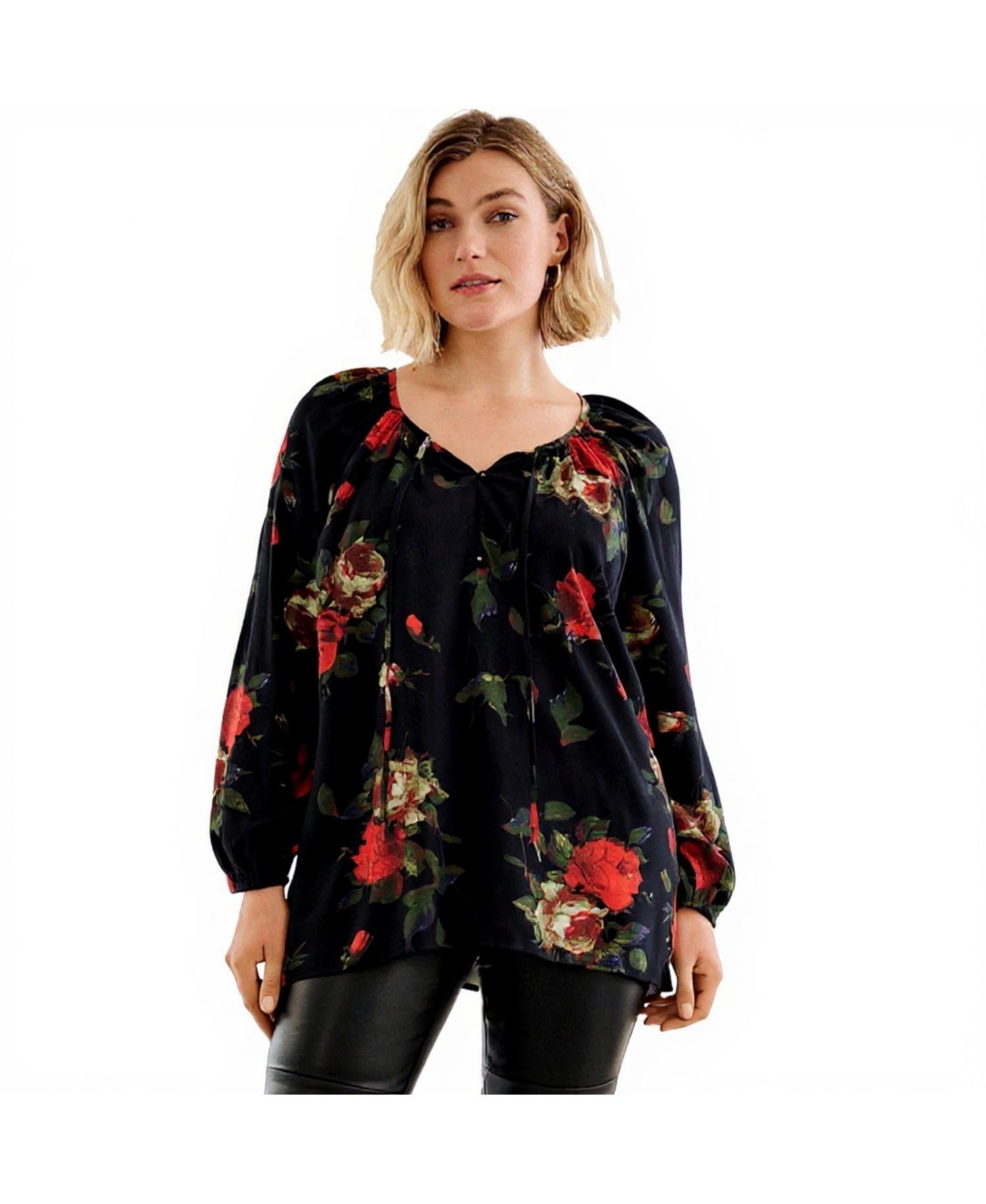 Click here for ellos Womens Tie Neck Peasant Tunic - Black rose p... prices