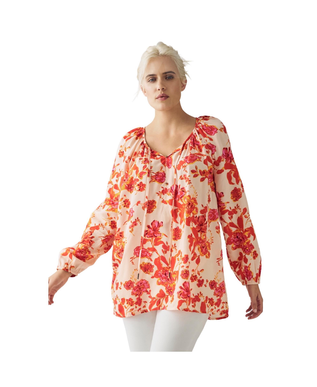 Click here for ellos Womens Tie Neck Peasant Tunic - Light coral... prices