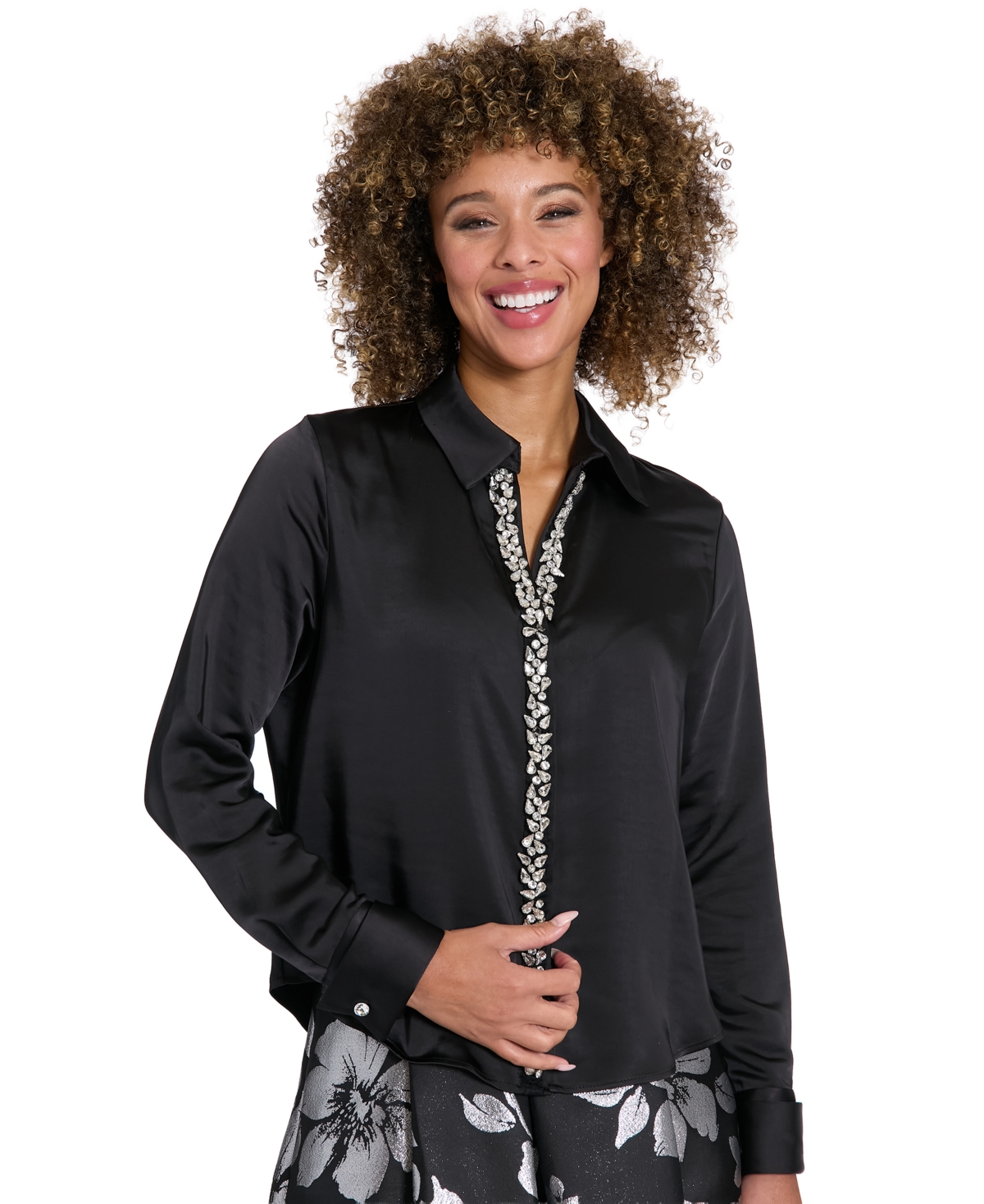 Click here for Muse Womens Long-Sleeve Satin Top - Black prices