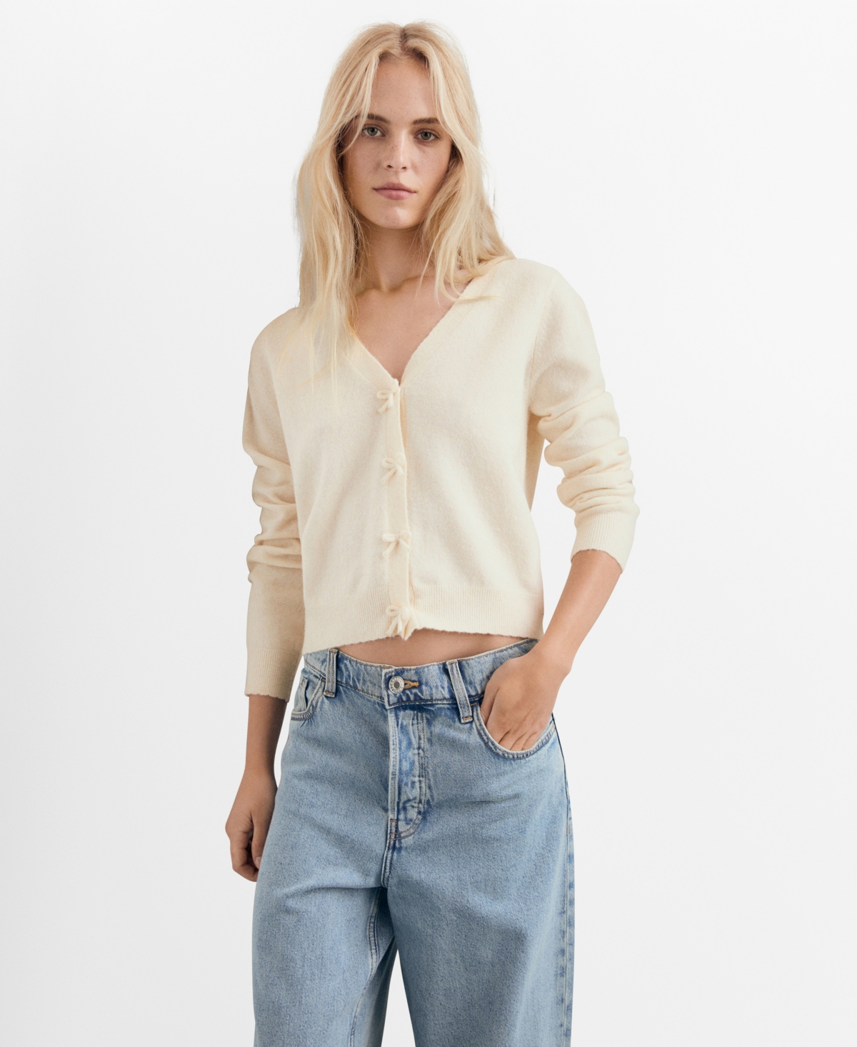 Click here for Mango Womens V-Neck Wool-Blend Cardigan - Ecru prices