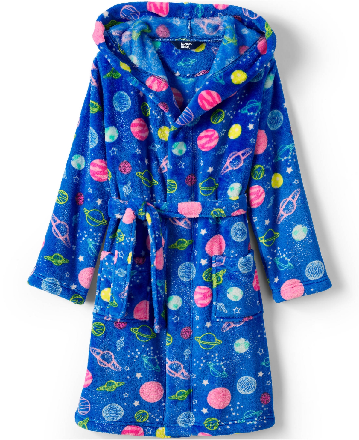 Click here for Lands End Big Girls Fleece Hooded Robe - Blue sola... prices