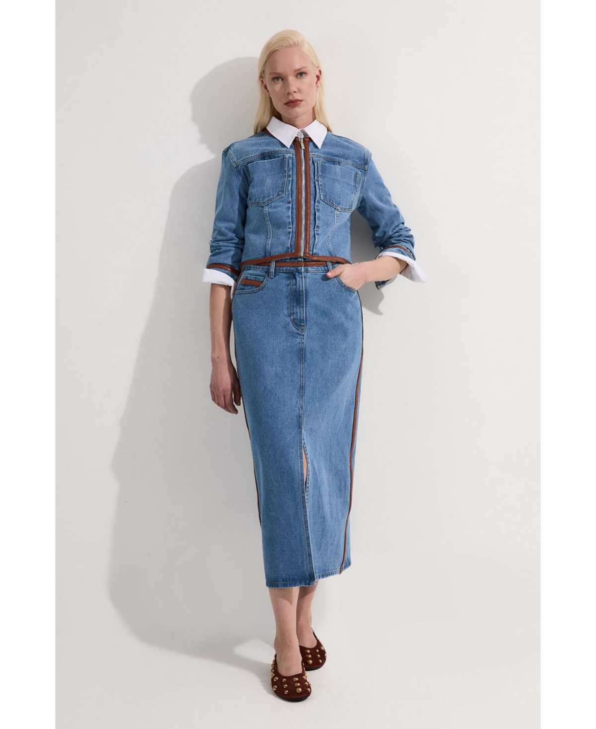 Click here for Karen Millen Womens Denim & Leather Collarless Jac... prices