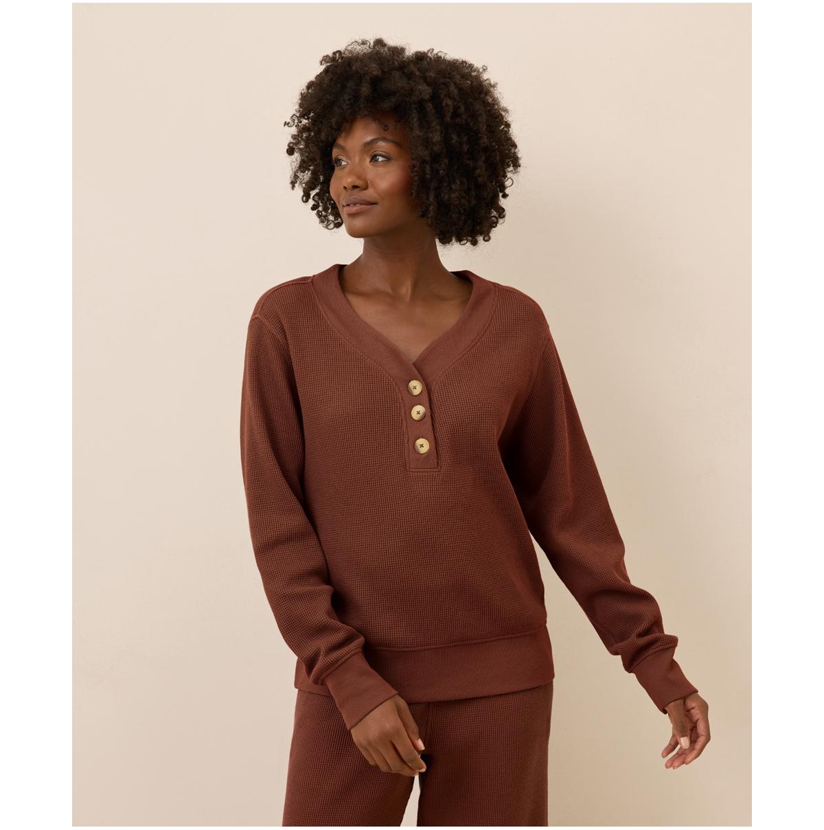 Click here for Pact Womens Thermal Waffle Henley Pullover - Mahog... prices