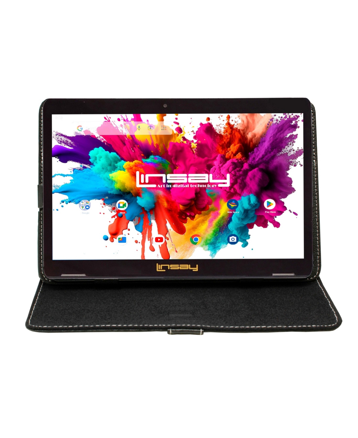 Linsay New 10.1 Tablet Octa Core 128GB Bundle with Black Leather Case Newest Android 14 - Black