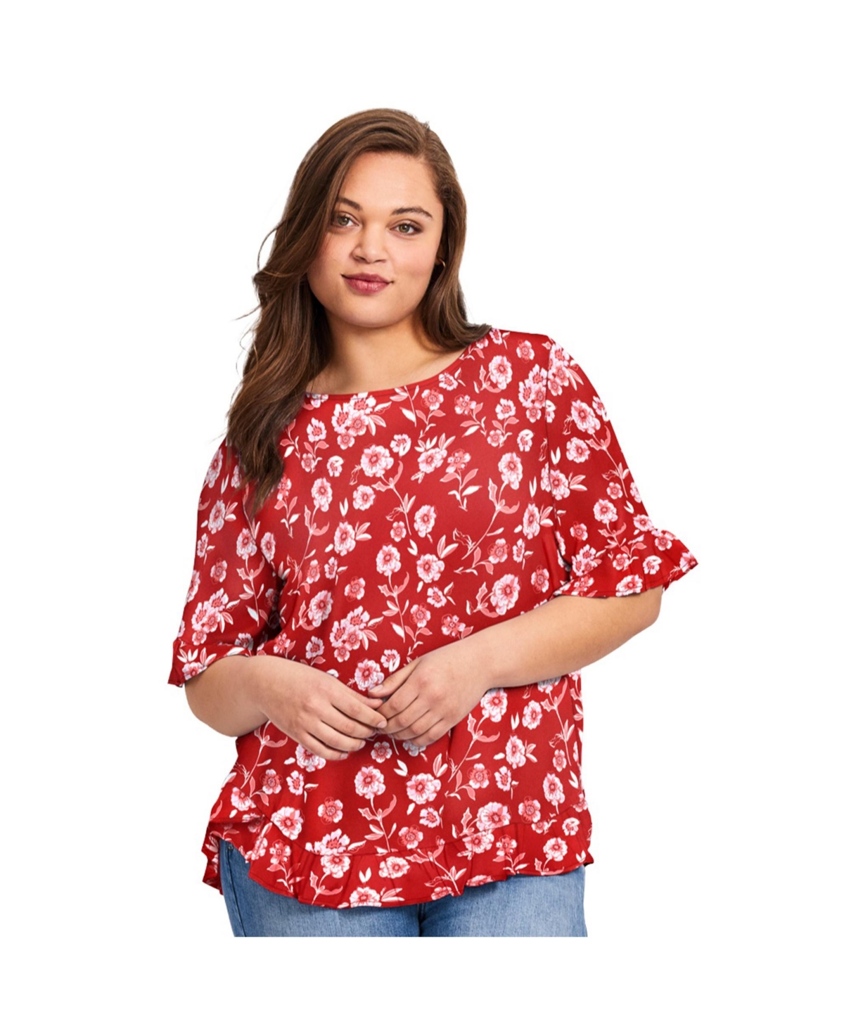 Click here for Avenue Womens Plus Size Crew Ruffle Hem Top - Vibr... prices