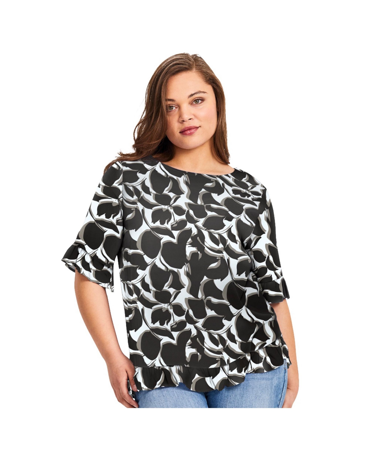 Click here for Avenue Womens Plus Size Crew Ruffle Hem Top - Blac... prices