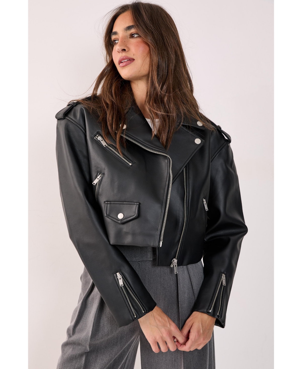 Click here for Nasty Gal Faux Leather Boxy Biker - Black prices