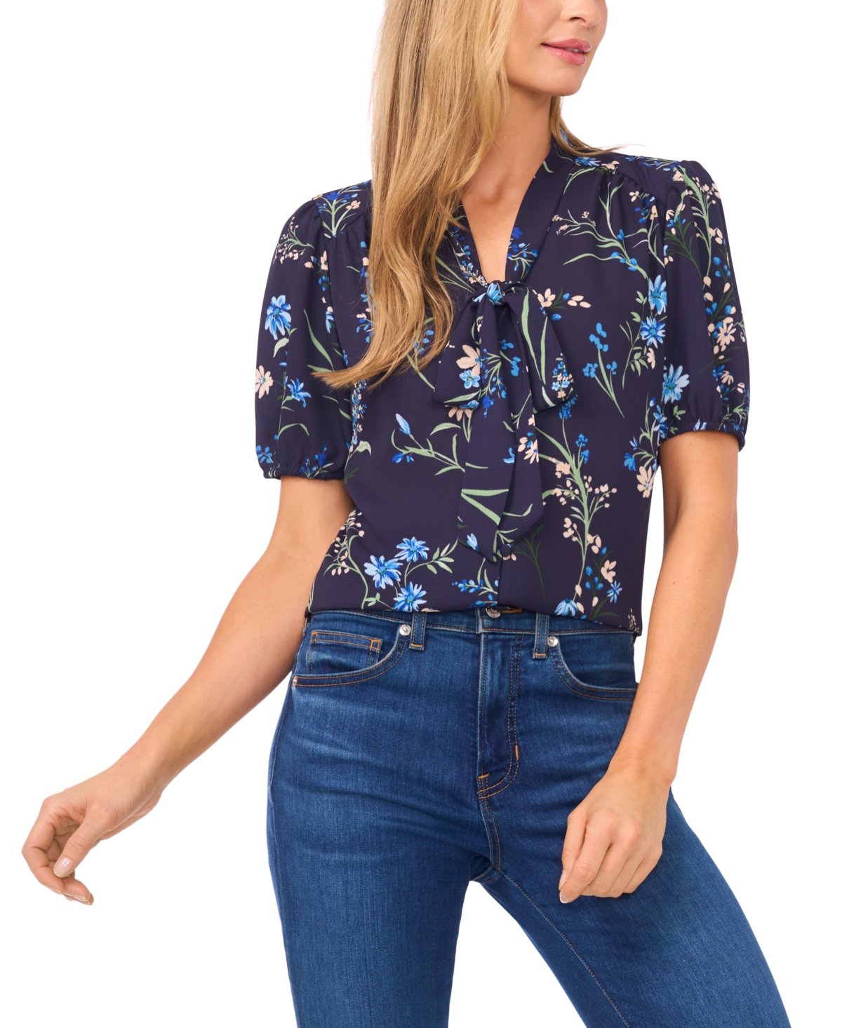 Click here for CeCe Womens V-Neck Bow Tie Shirred Top - Classic N... prices