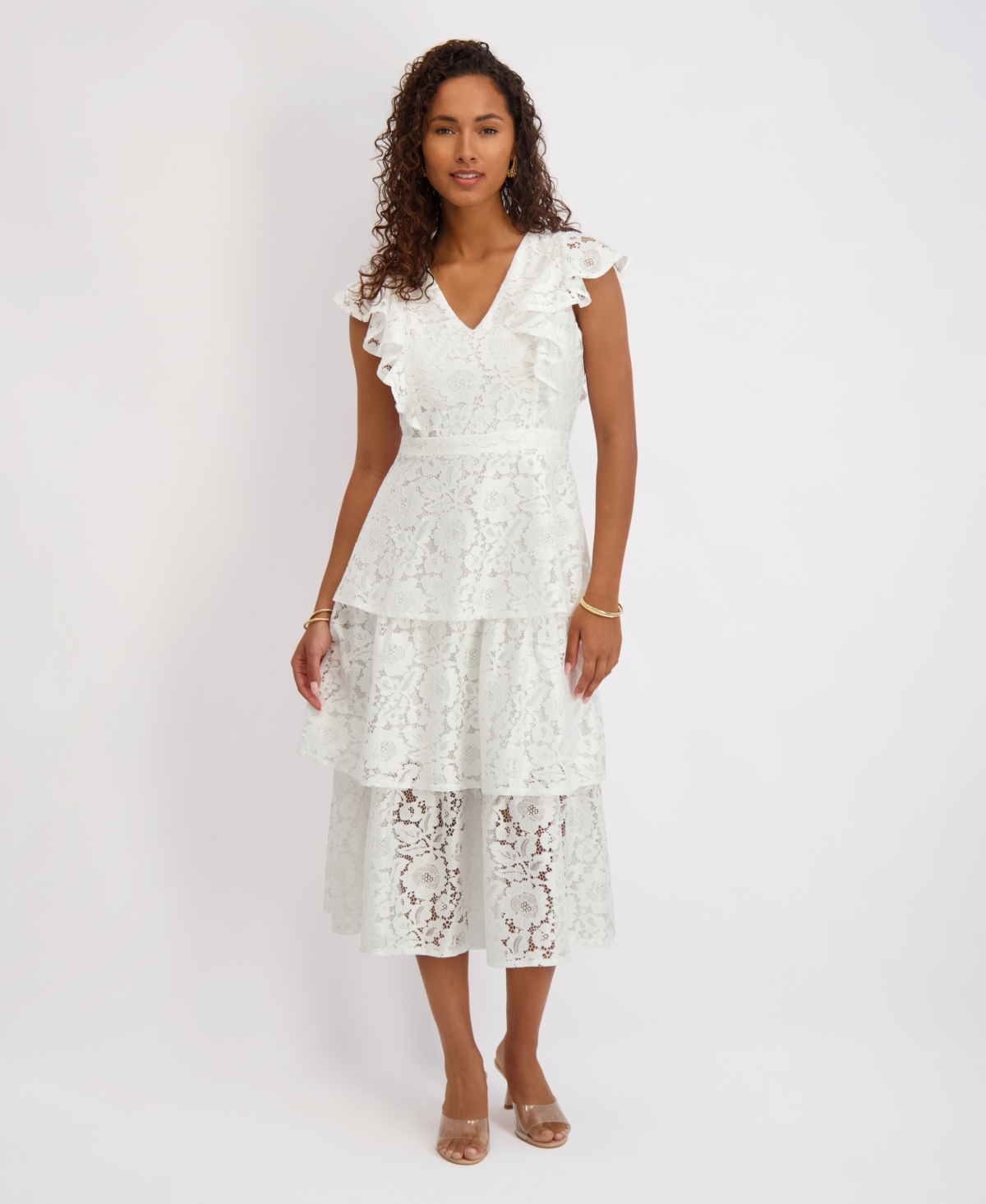 Click here for kensie Womens Tiered Lace Midi Dress - White prices