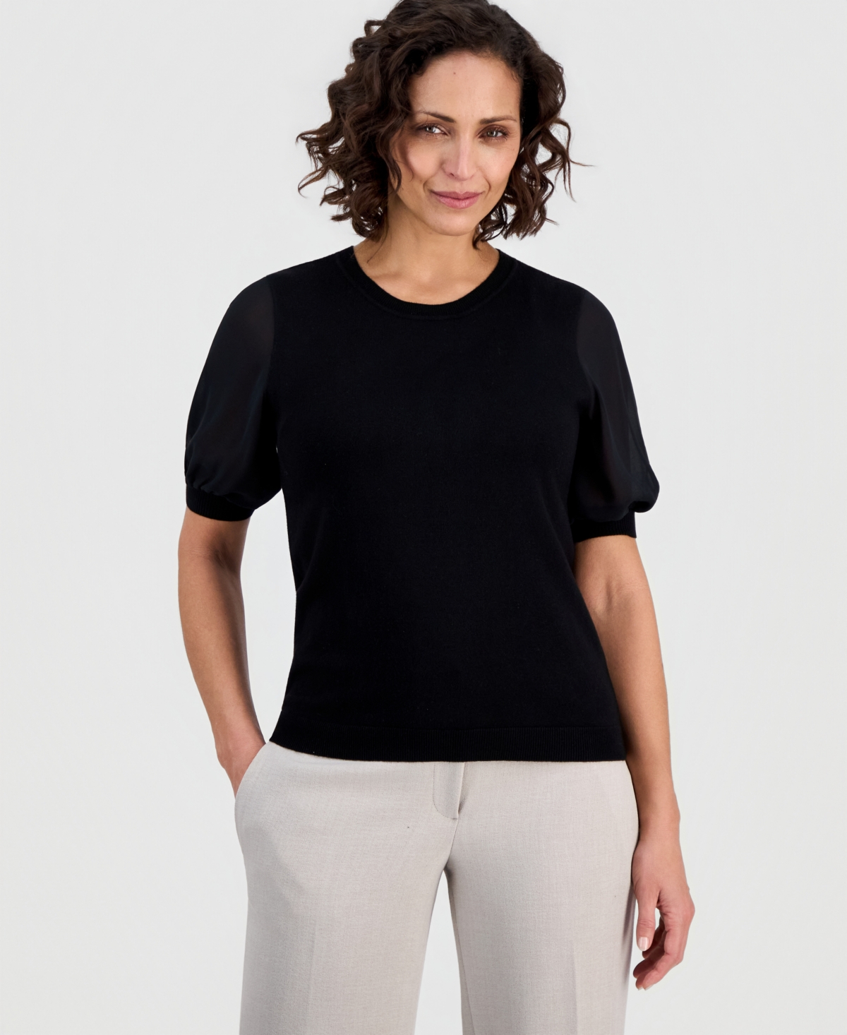 Click here for Kasper Petite Puffed-Sleeve Mixed-Media Top - Blac... prices
