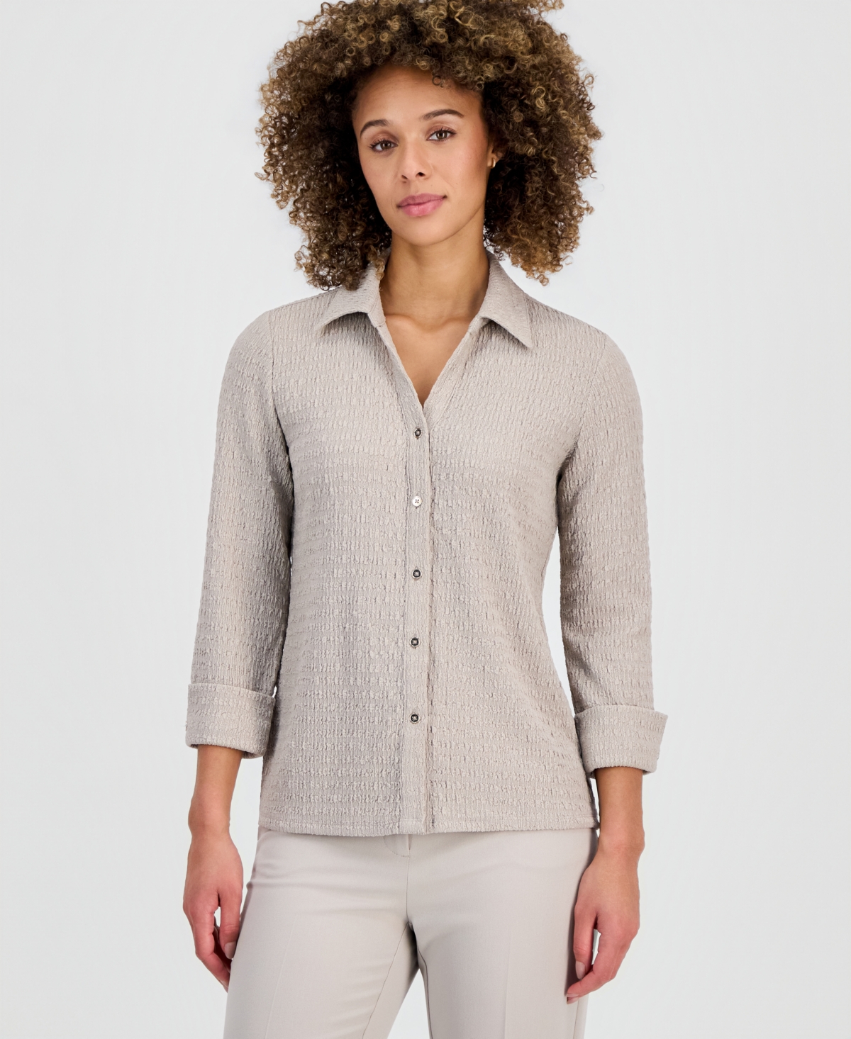 Click here for 3Q Button Frt Top With Split Cuff - Summer Straw prices