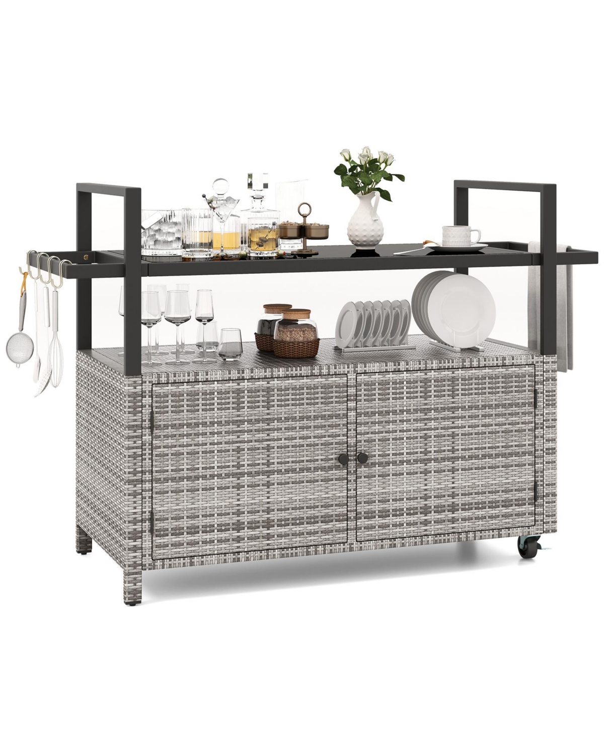 Click here for Outdoor Bar Cart Wicker Buffet Serving Cart with C... prices