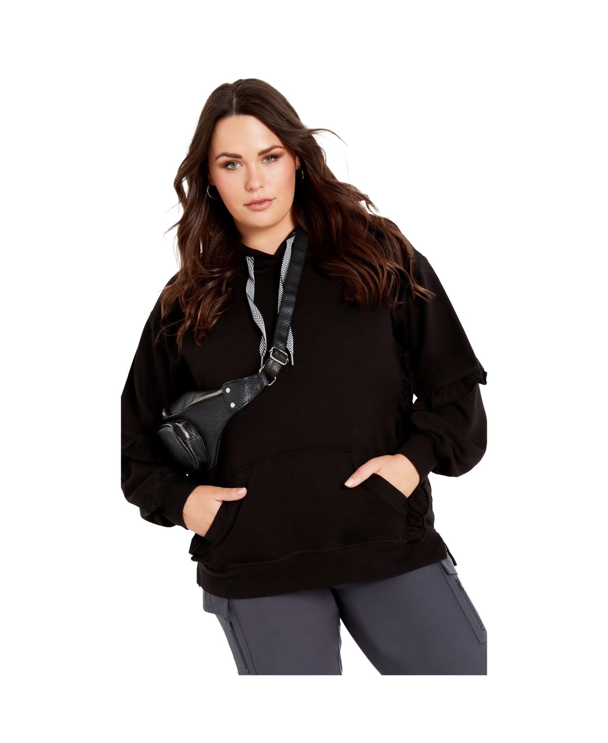 Click here for Avenue Womens Plus Size Frill Eggplant Hoodie - Bl... prices