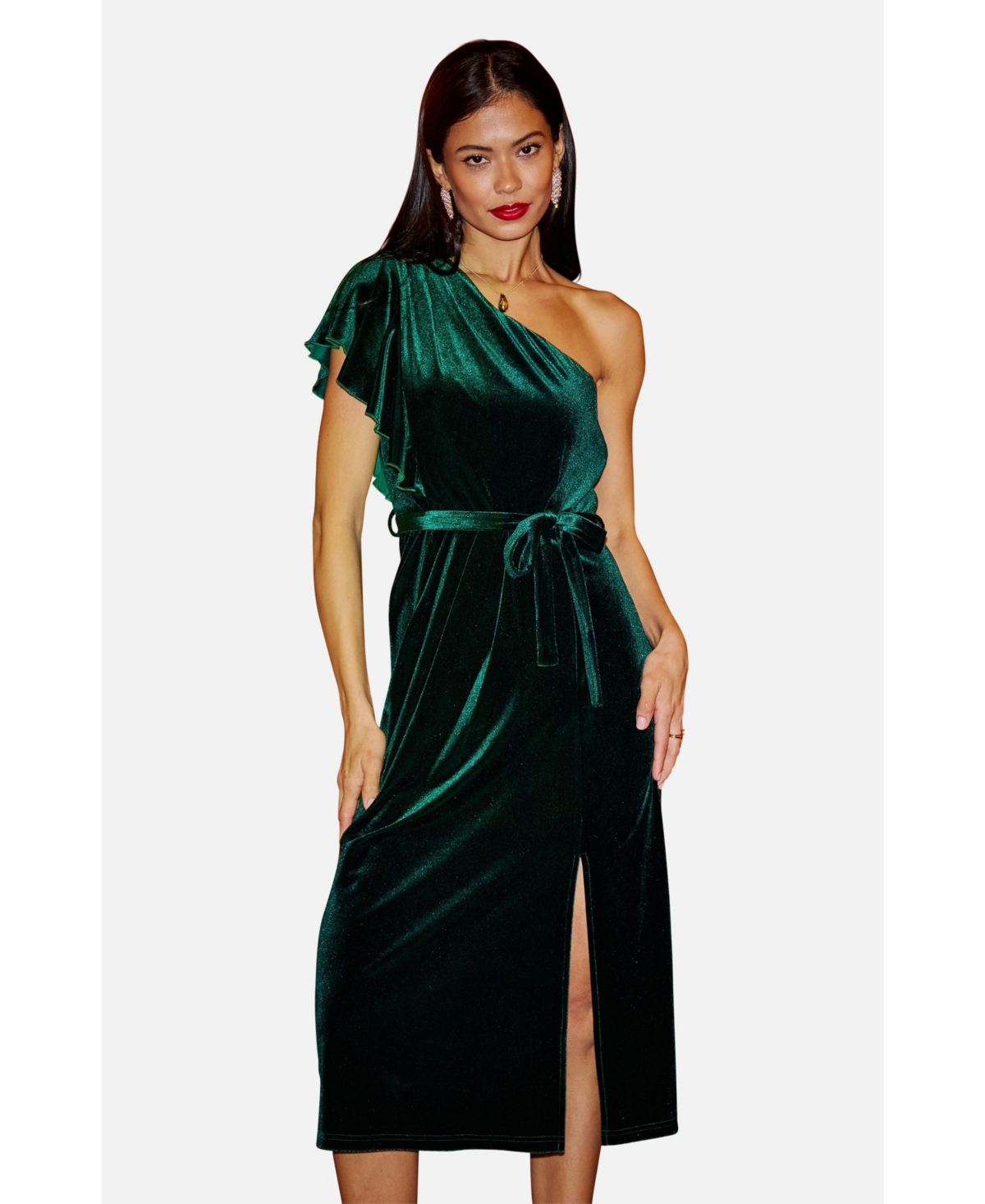 Click here for Yumi Womens Velvet Frill One Shoulder Midi Dress -... prices