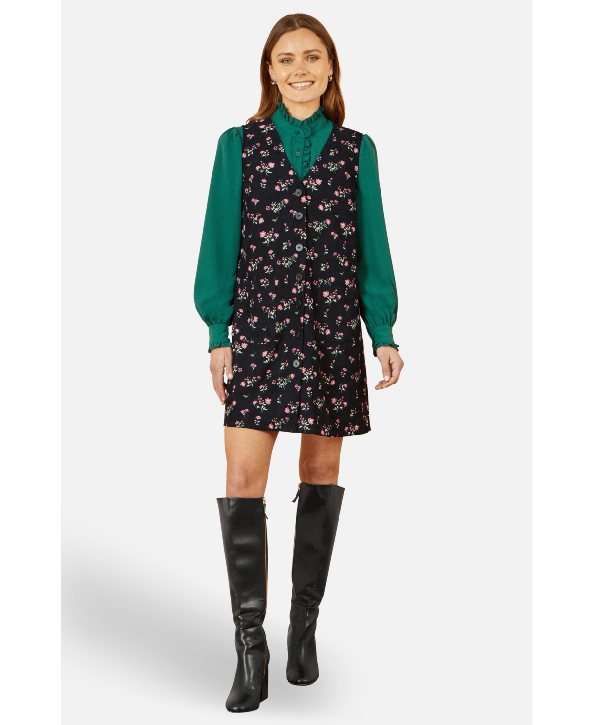 Click here for Yumi Womens Floral Print Pinafore Dress - Black prices