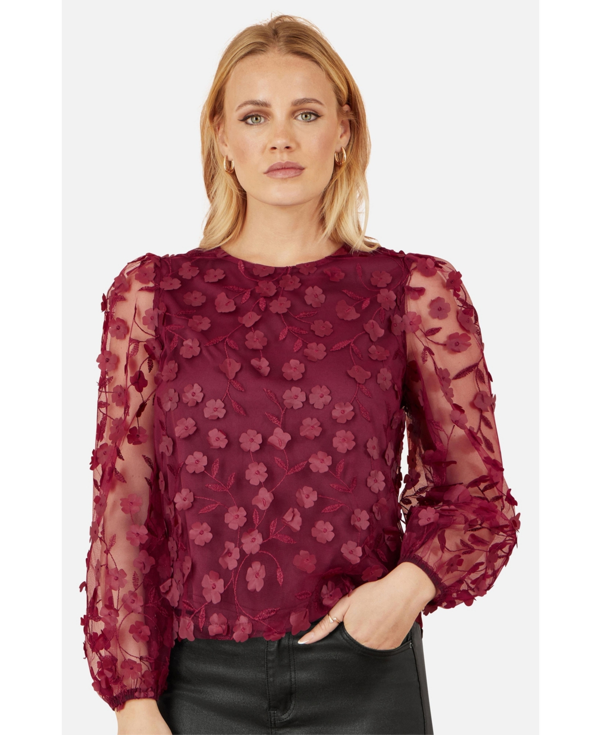 Click here for Yumi Womens Long Sleeve Sheer Floral Top - Burgund... prices