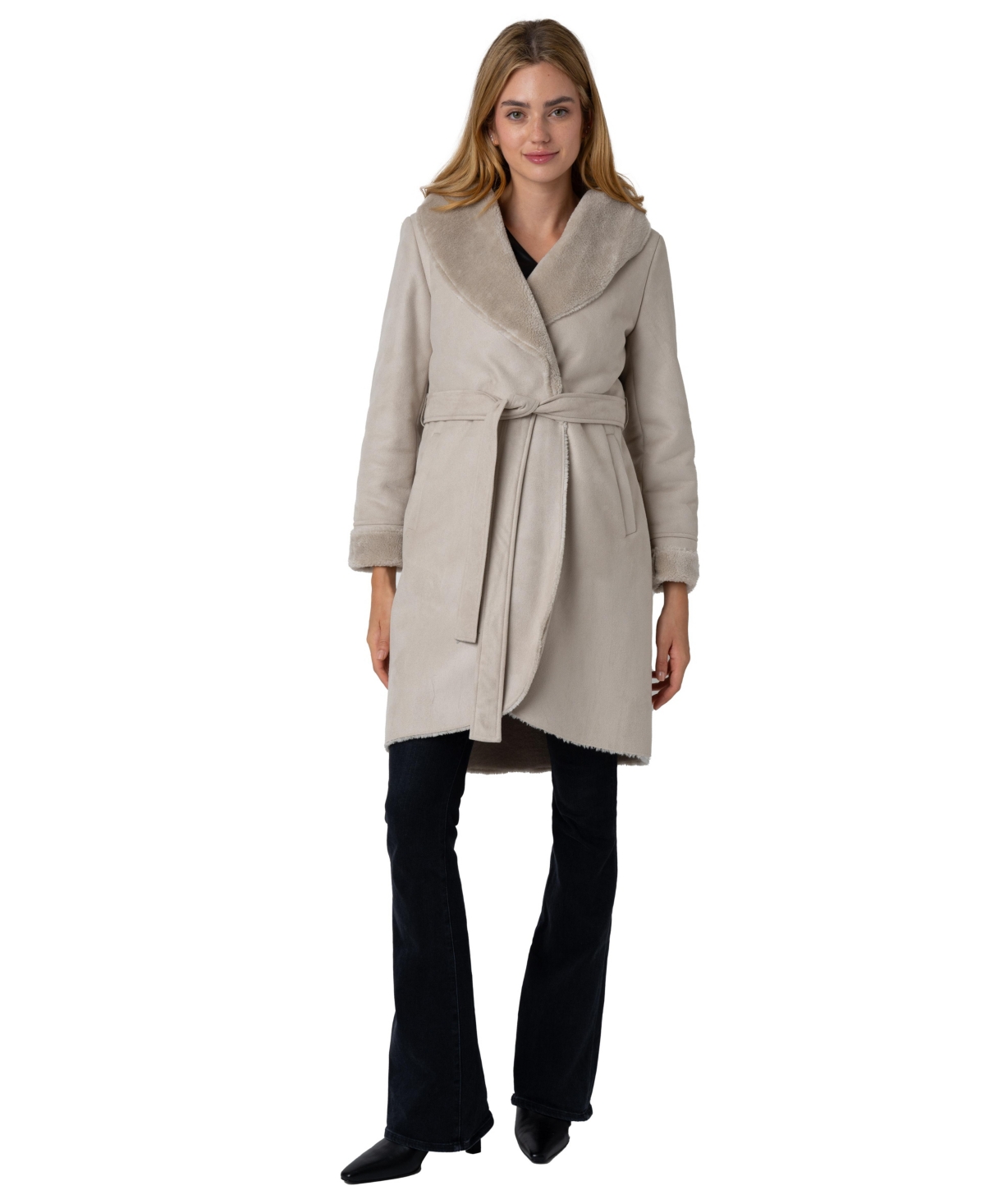 Click here for Via Spiga Womens Belted Shawl Wrap Faux Shearling... prices