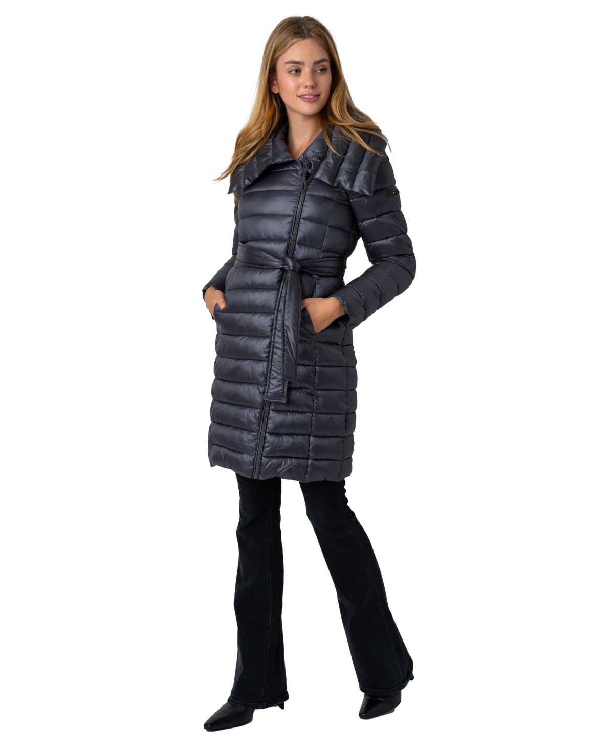 Click here for Via Spiga Womens Asym Puffer 38" Belted - Ste... prices