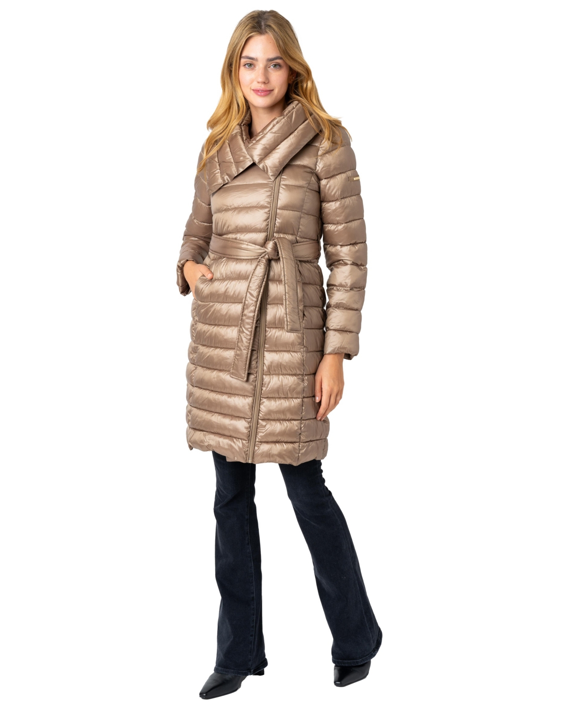 Click here for Via Spiga Womens Asym Puffer 38" Belted - Gol... prices